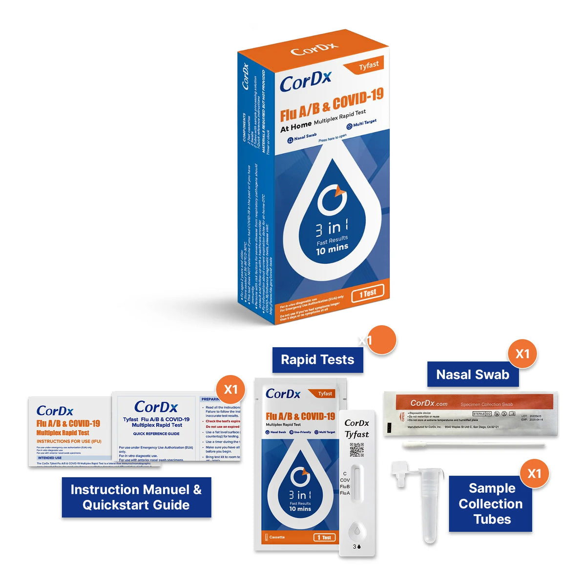 CorDx TyFast Flu A/B & Covid-19 Multiplex Rapid Test, FDA Authorized, 3 ...